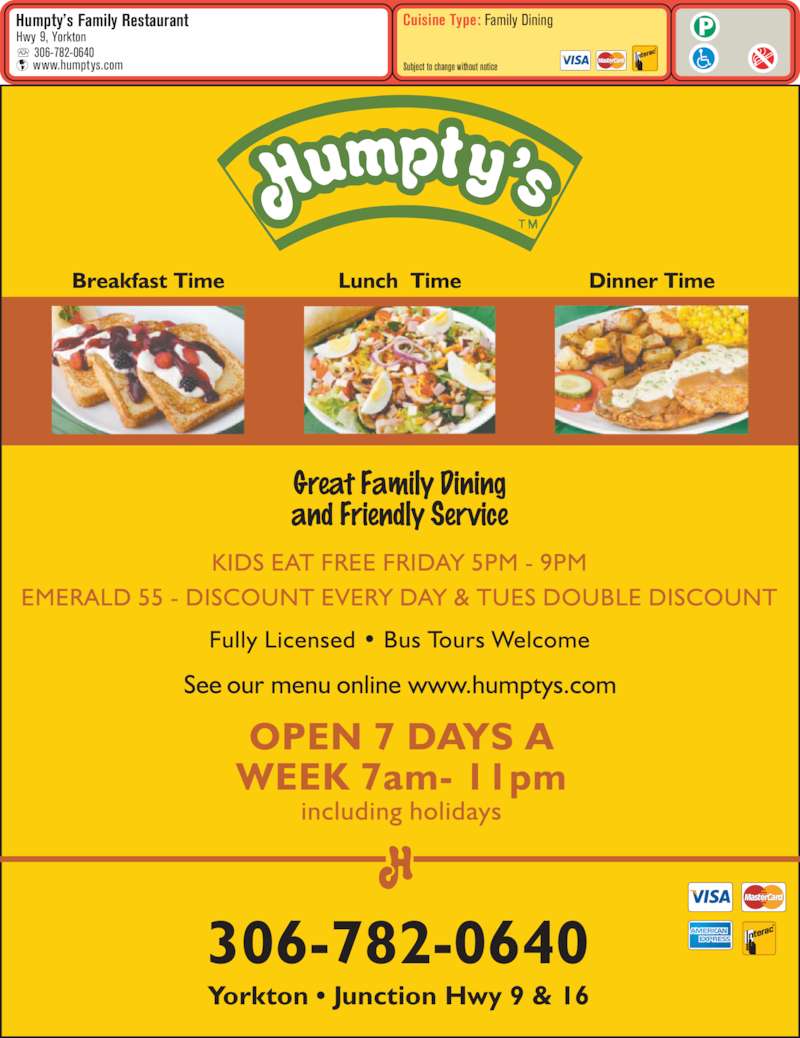 Humpty's Family Restaurants - Menu & Prices - Hwy 9 & 16, Yorkton, SK
