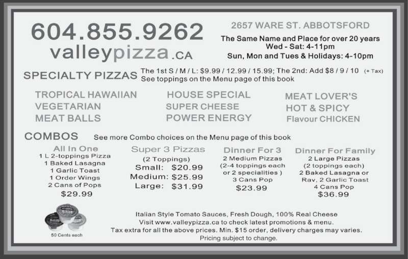 Valley Pizza - Menu, Hours & Prices - 2657 Ware St, Abbotsford, BC