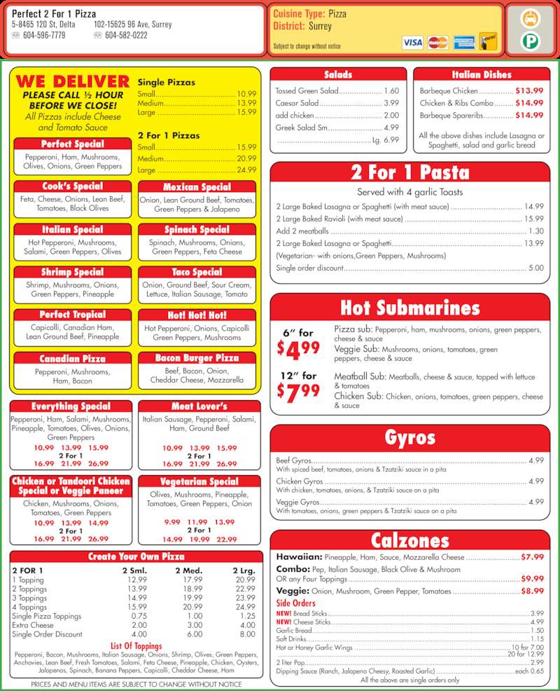Perfect 2 For 1 Pizza - Menu, Hours & Prices - 5-8465 120 St, Delta, BC