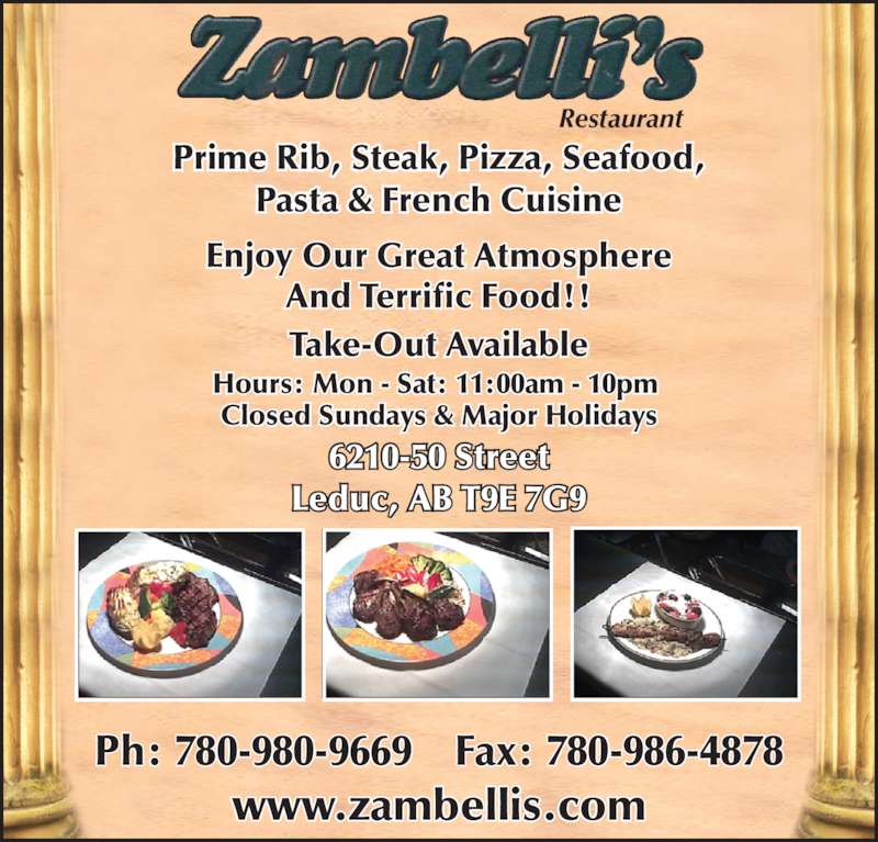 Zambelli Prime Rib Steak & Pizza - Menu, Hours & Prices - 6210 50 St ...