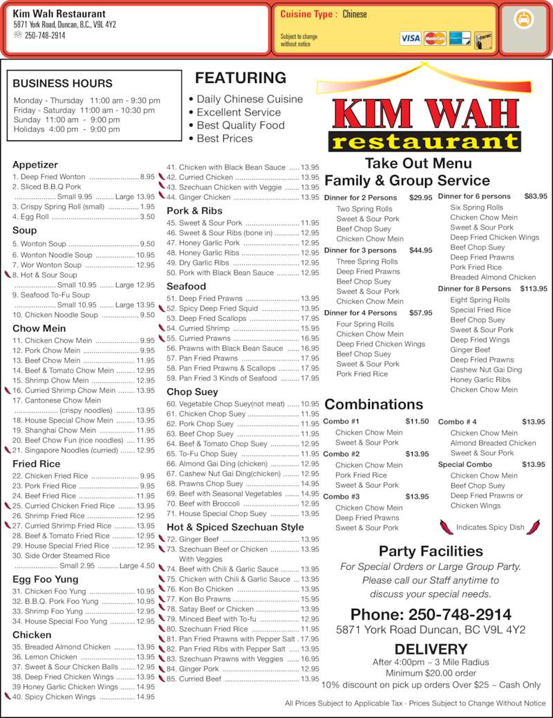Kim Wah Restaurant - Menu, Hours & Prices - 5871 York Rd, Duncan, BC