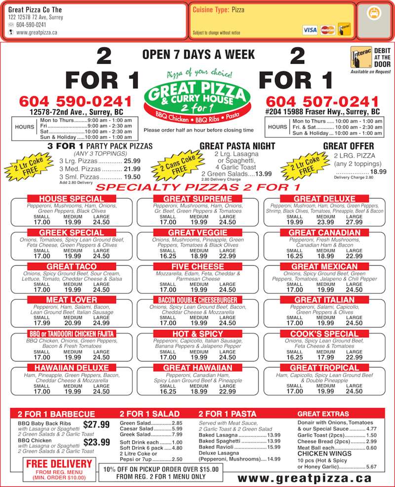 The Great Pizza Co - Menu, Horaire et Prix - 122-12578 72 Ave, Surrey, BC