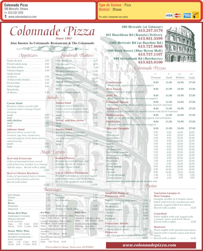 Colonnade Pizza & Restaurant - Menu, Hours & Prices - 300-280 Metcalfe ...