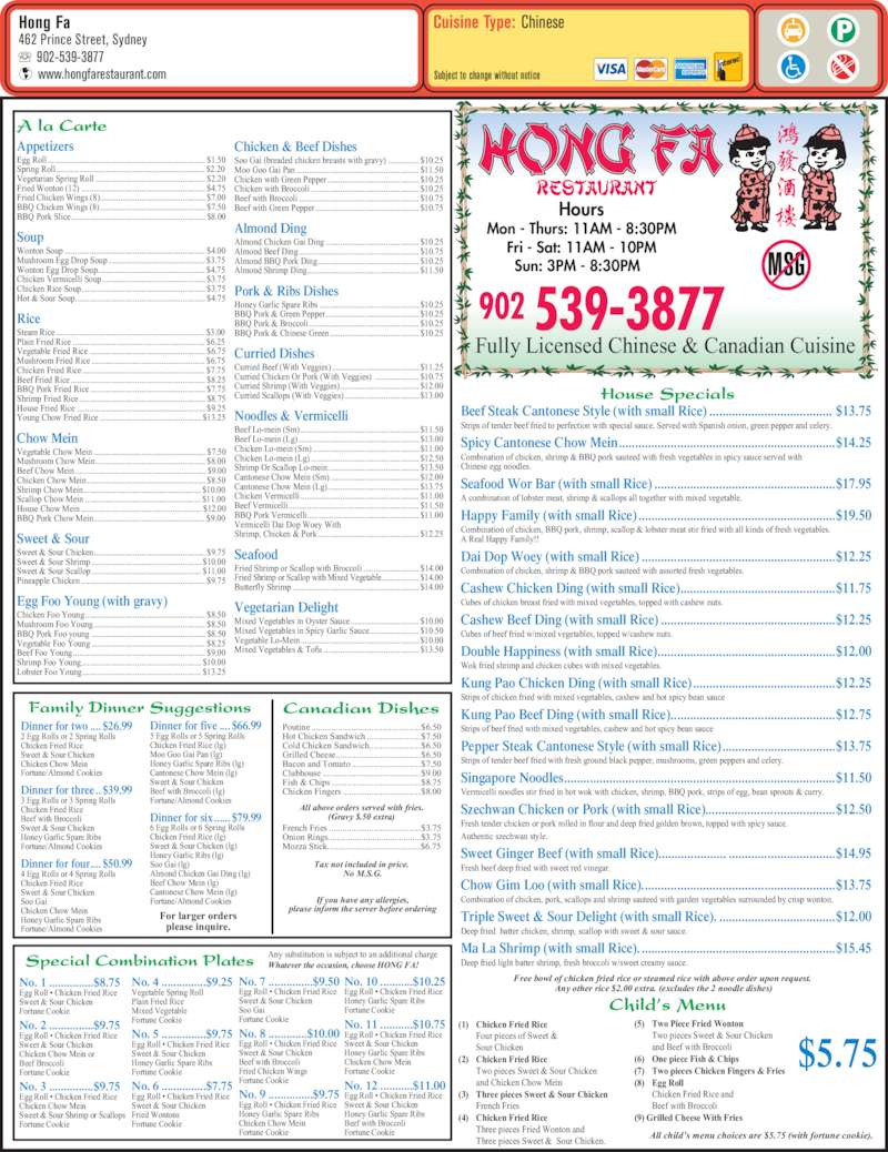 Hong Fa Restaurant - Menu, Hours & Prices - 462 Prince St, Sydney, NS