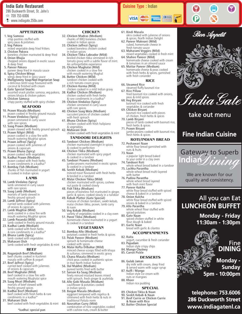 India Gate Restaurant - Menu, Hours & Prices - 286 Duckworth St, St ...