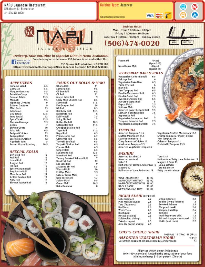 NARU Japanese Restaurant - Menu, Hours & Prices - 536 Queen St ...