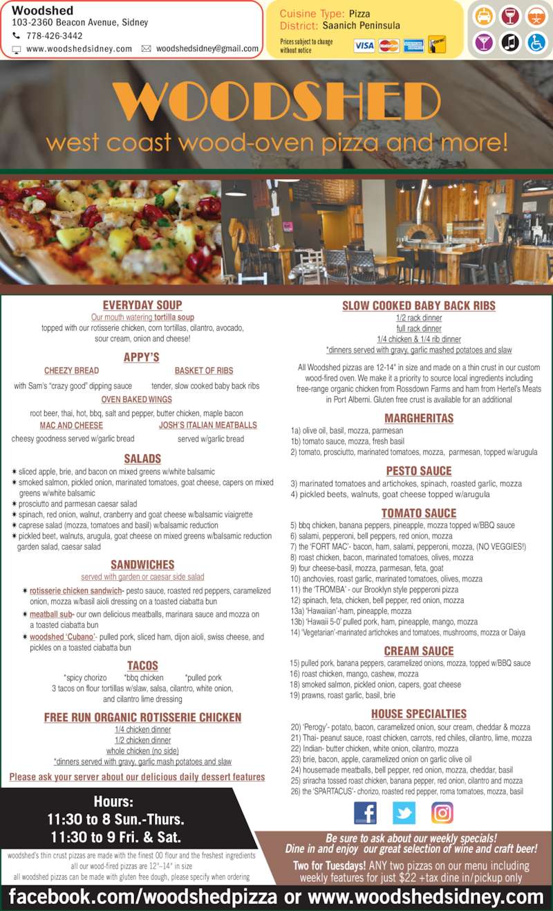 Woodshed - Menu, Hours & Prices - 103-2360 Beacon Ave, Sidney, BC