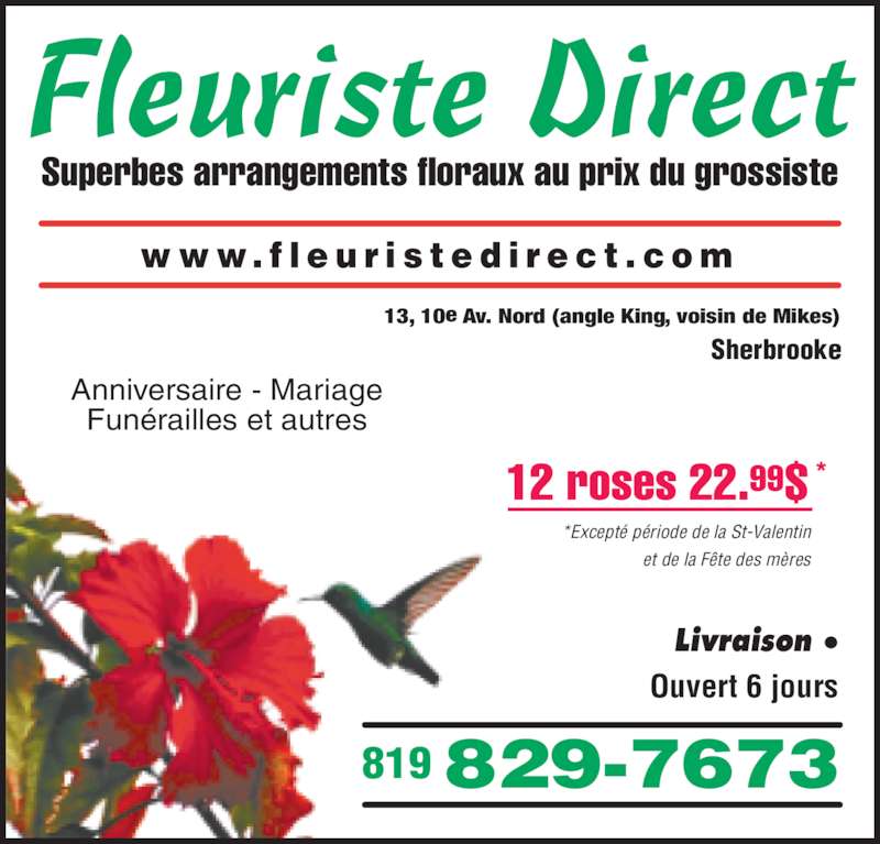 Fleuriste Direct - Horaire d'ouverture - 13, 10E av N, Sherbrooke, QC