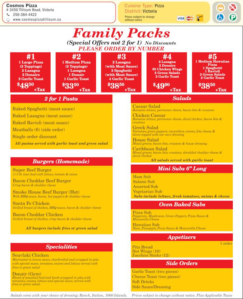 Cosmos Pizza - Menu, Hours & Prices - 3450 Tillicum Rd, Victoria, BC