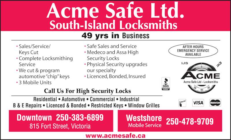Acme Safe - Opening Hours - 815 Fort St, Victoria, BC