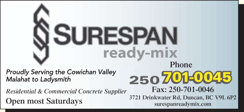 Surespan Ready Mix - Opening Hours - 3721A Drinkwater Rd, Duncan, BC