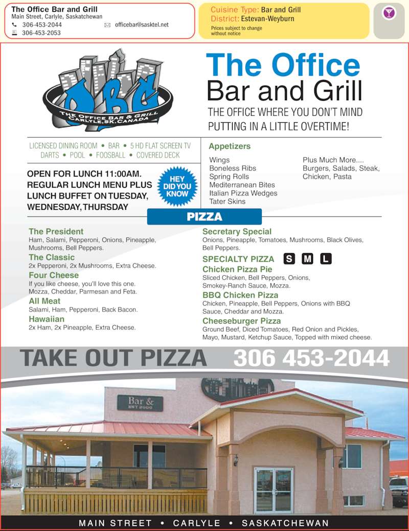 The Office Bar & Grill - Menu, Hours & Prices - 101 Railway Ave W ...