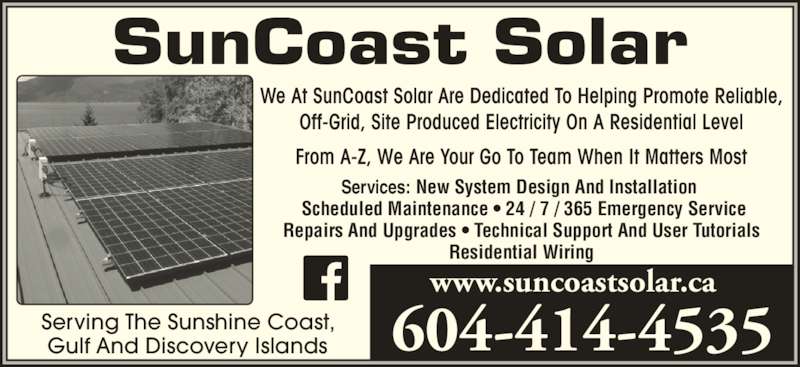 SunCoast Solar - Opening Hours - 7468 B Duncan St, Powell River, BC