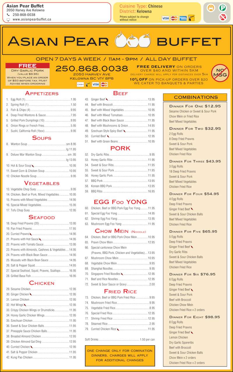 Asian Pear Buffet Ltd - Menu, Hours & Prices - 2050 Harvey Ave, Kelowna, BC