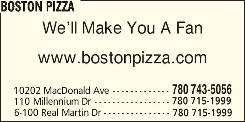 Boston Pizza - Opening Hours - 10202 MacDonald Ave, Fort McMurray, AB