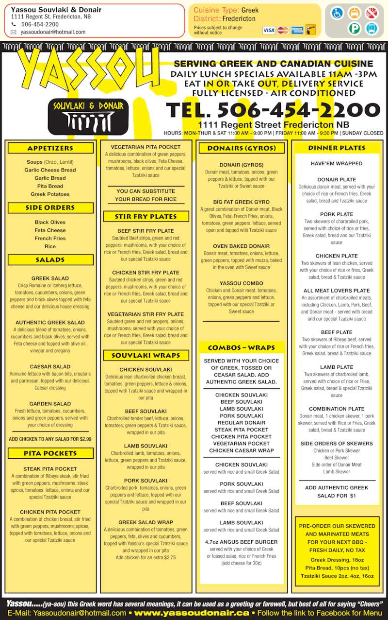 Yassou Souvlaki & Donair - Menu, Hours & Prices - 1111 Regent St ...