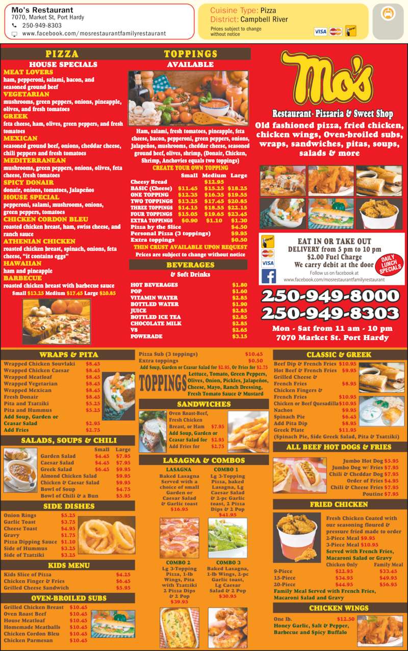Mo's - Menu, Hours & Prices - 8-7070 Market, Port Hardy, BC