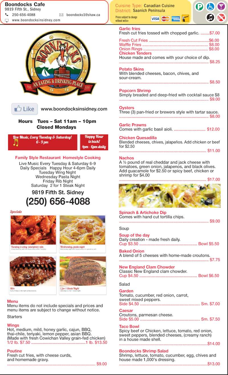 Boondocks Restaurant - Menu, Hours & Prices - 9819 Fifth St, Sidney, BC