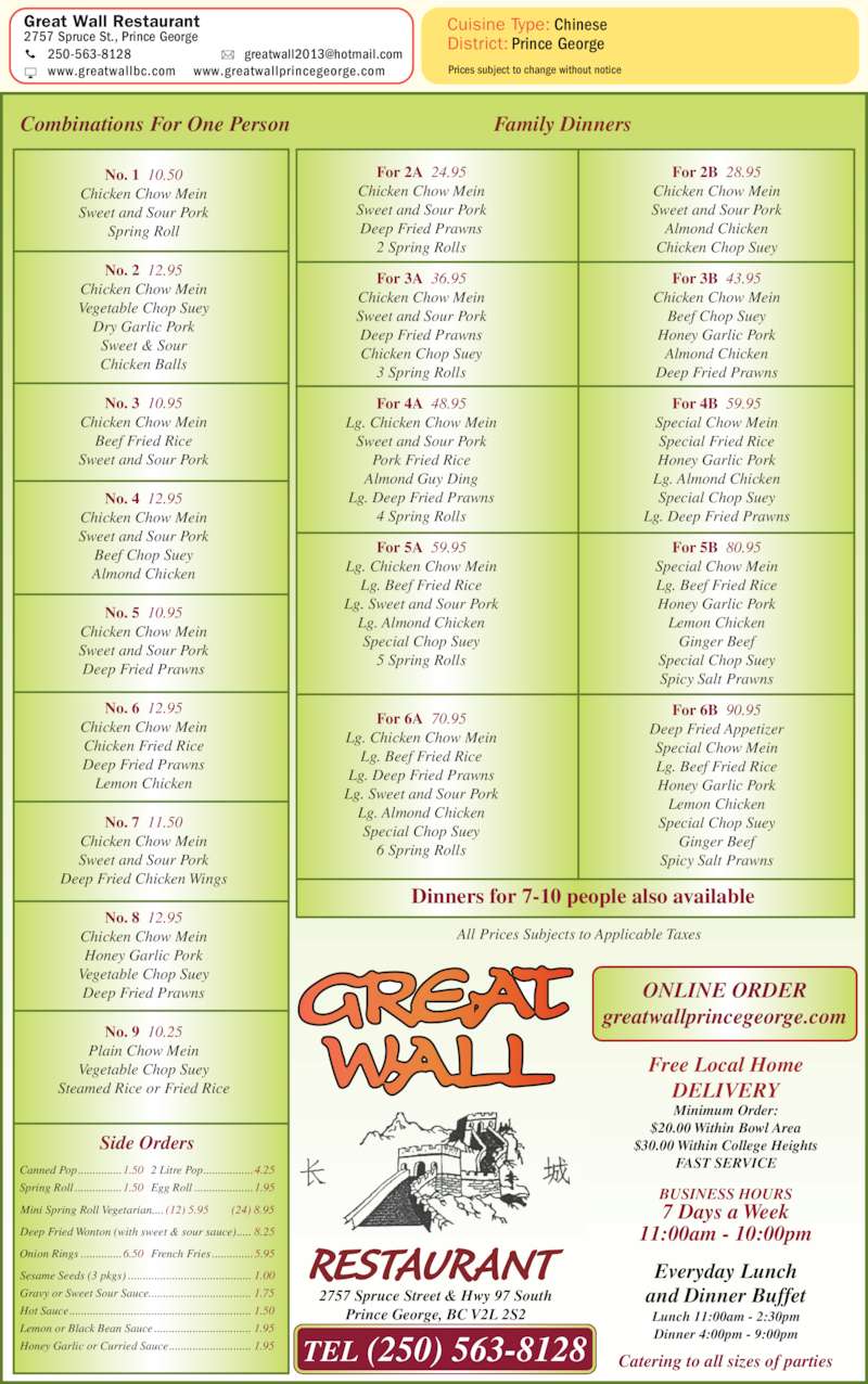 Great Wall Restaurant - Menu, Hours & Prices - 2757 Spruce St, Prince ...