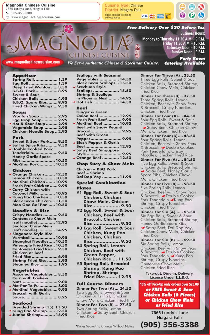 Magnolia Chinese Cuisine - Menu, Hours & Prices - 7666 Lundy's Lane ...